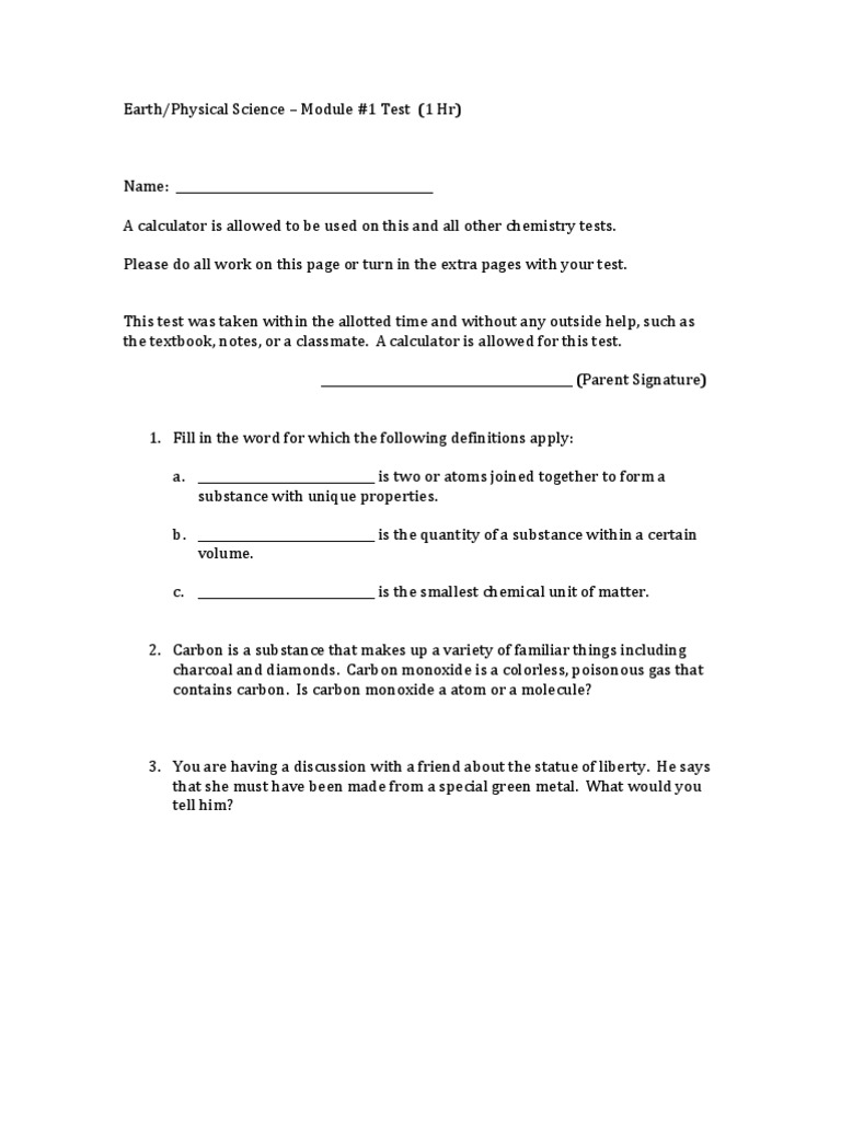 Physical Science - Module 1 Test | PDF | Matter | Carbon