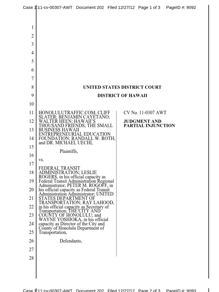 Judge Tashima's Order in Honolulu Rail Transit Lawsuit | PDF | Summary ...