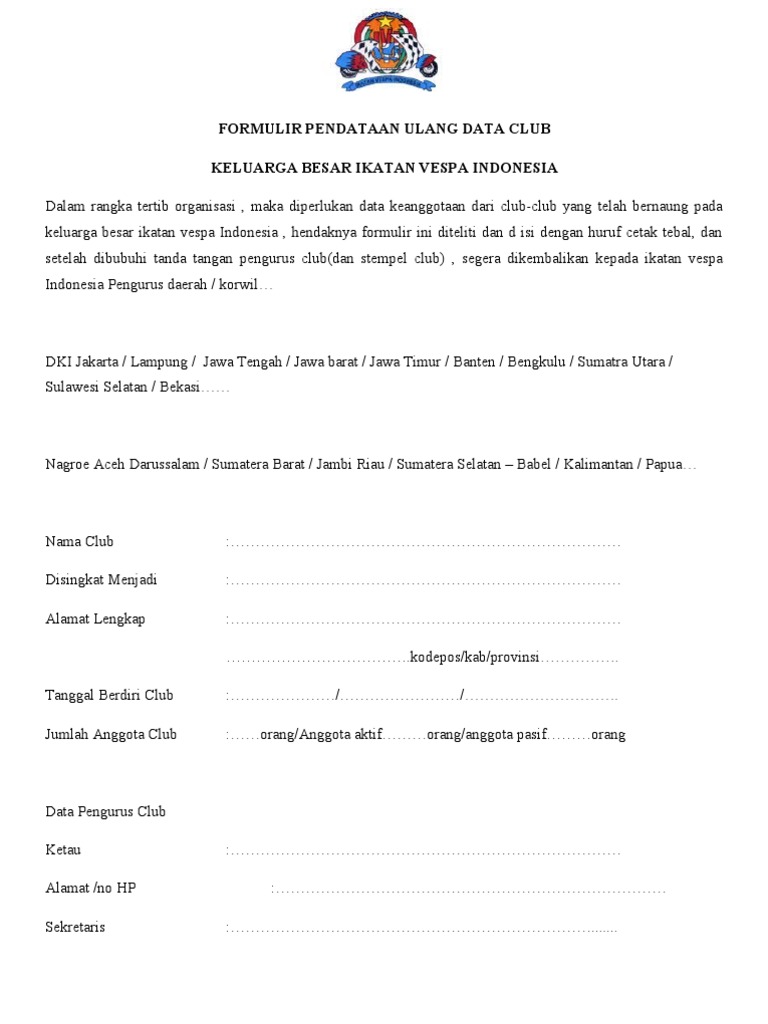 Formulir Pendataan Ulang Data Club | PDF
