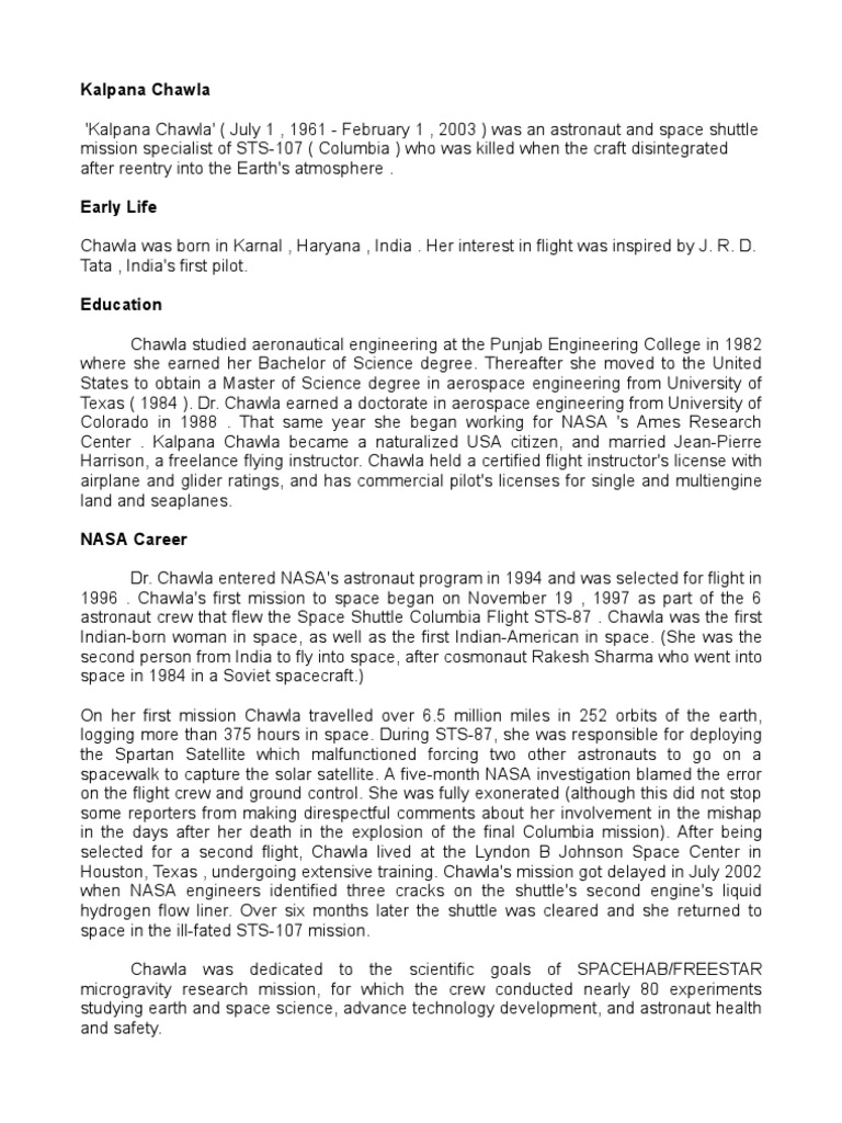 Kalpana Chawla: Pioneering Astronaut | PDF | Spacecraft | Space Programs