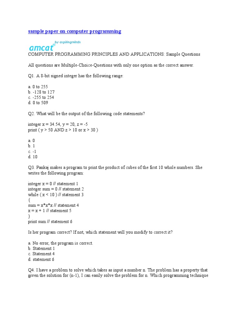 Sample Paper On Computer Programming | PDF