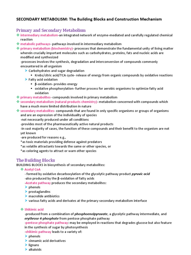 Secondary Metabolism Notes | PDF | Metabolism | Metabolic Pathway