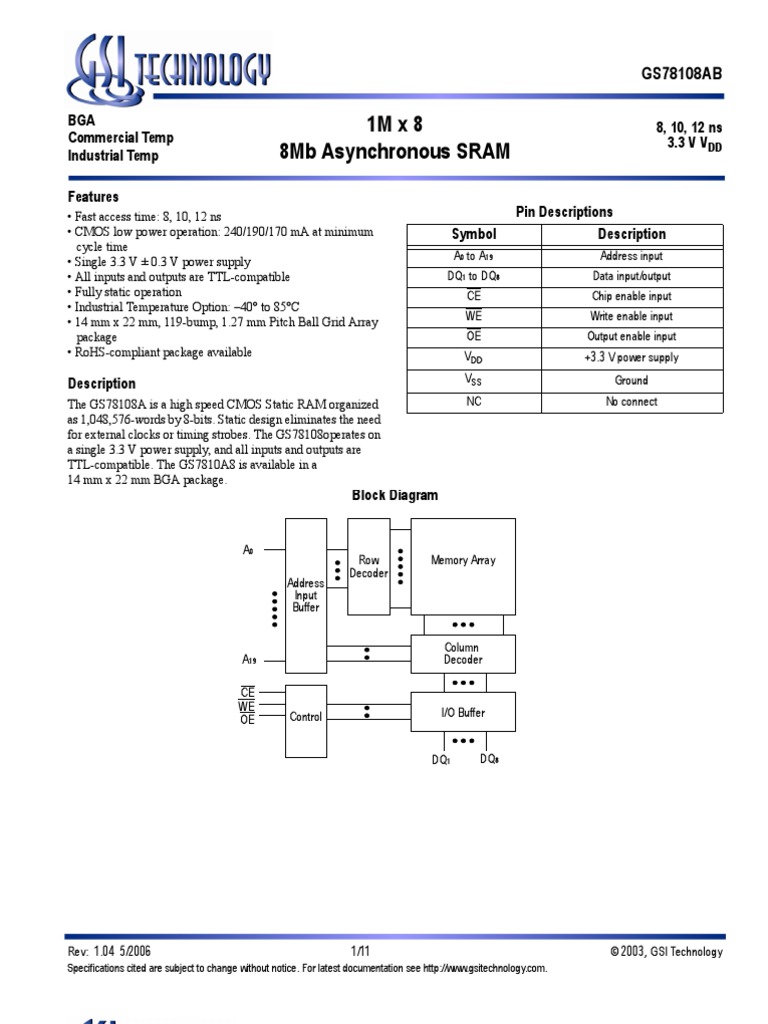 1Mx8 8Mb Asynchronous SRAM | PDF | Electrical Components | Electrical Engineering