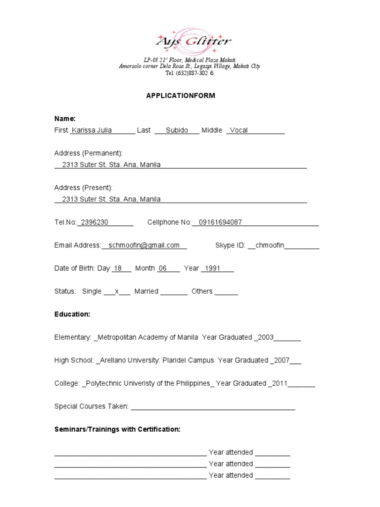 Application Form For Interview - Karissa Subido | PDF | Makati | Cognition