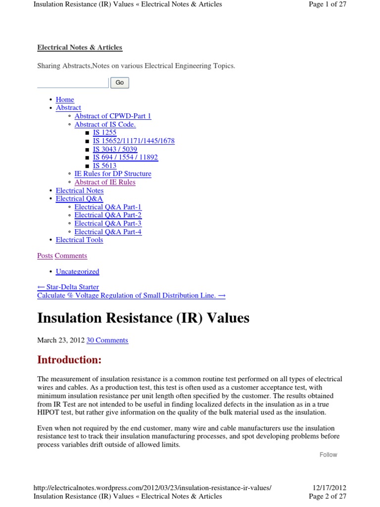 Insulation Resistance Testing Guide | PDF | Insulator (Electricity ...