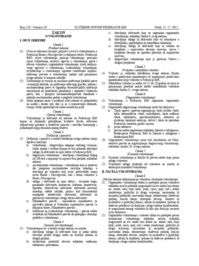 Zakon o Volontiranju FBiH (SL - Novine Br. 110-12) | PDF