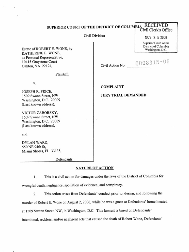 Estate of Robert E. Wone (Katherine Wone) vs. Joseph Price, Victor ...