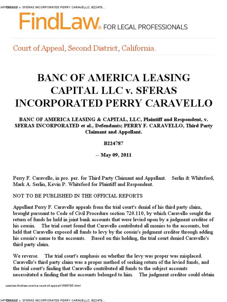 BANC OF AMERICA LEASING & CAPITAL, LLC, Plaintiff and Respondent, v ...