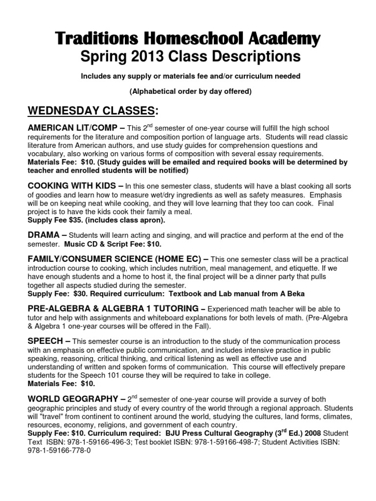 Traditions Homeschool Academy: Spring 2013 Class Descriptions | PDF ...