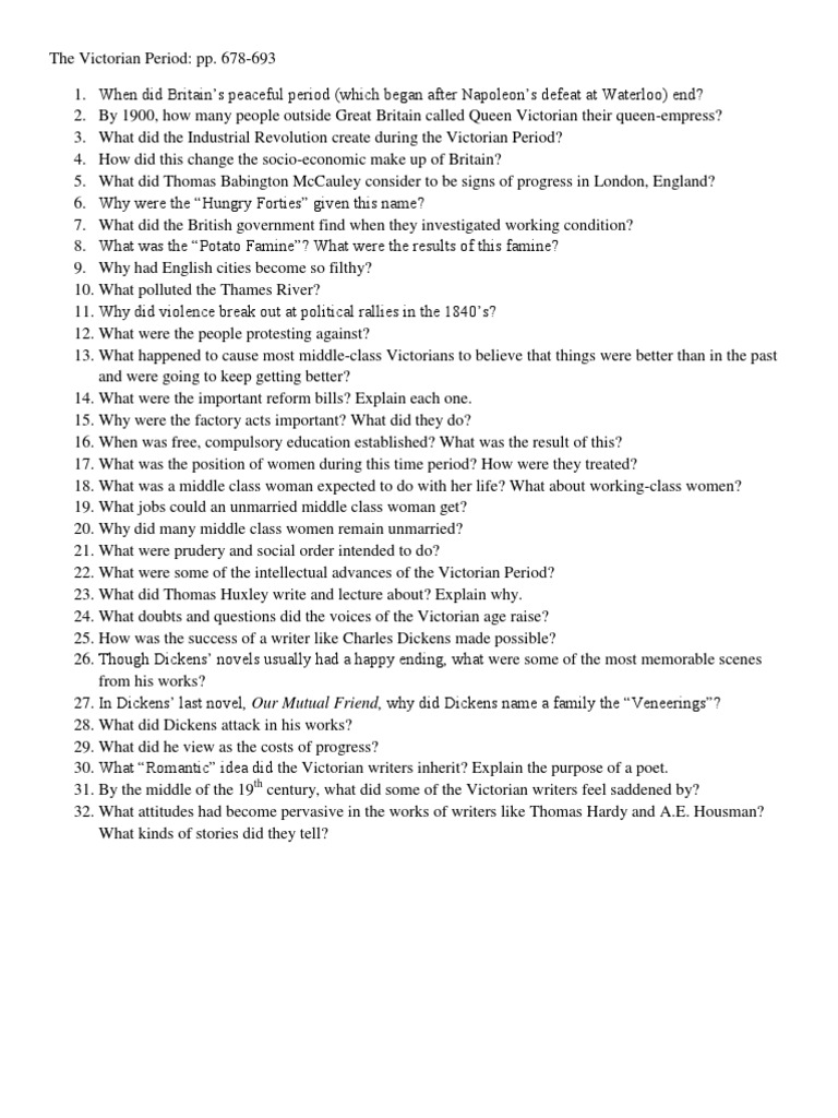 The Victorian Period Questions | PDF | Victorian Era | Charles Dickens