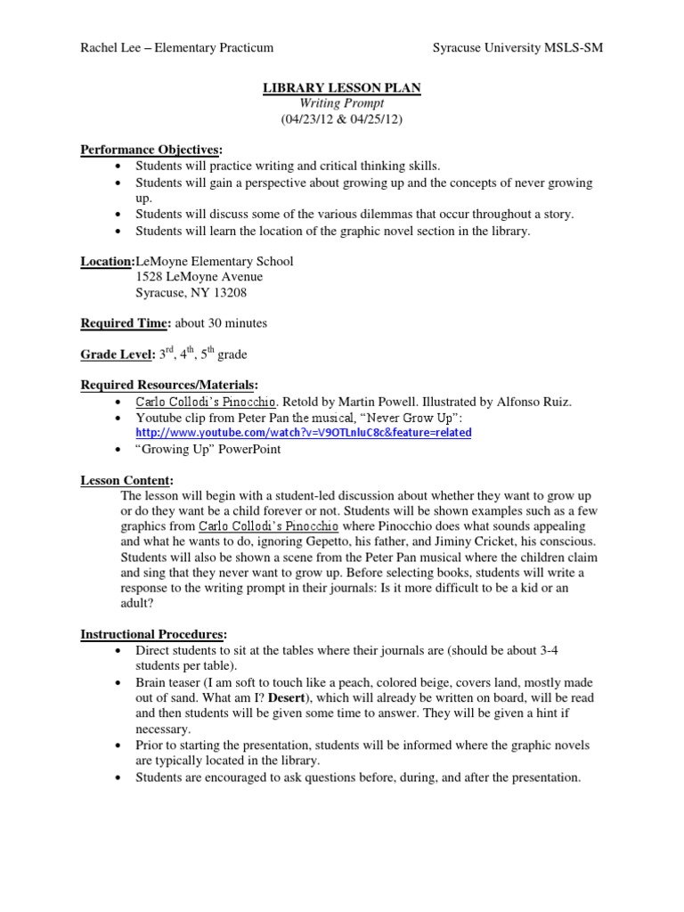 Pinocchio/Peter Pan Writing Prompt Lesson Plan | PDF | Pinocchio ...