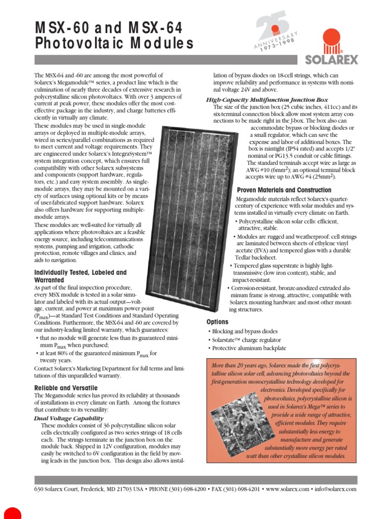 Solarex MSX64 | PDF | Photovoltaics | Solar Panel
