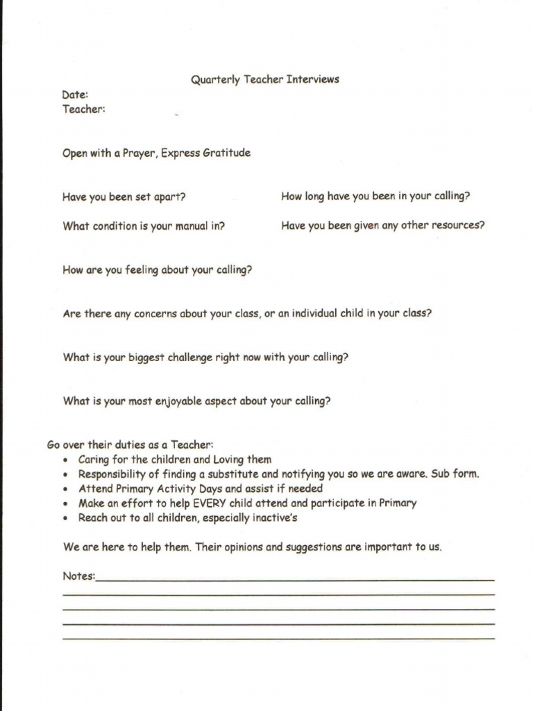 Quarterly LDS Primary Teacher Interviews | PDF