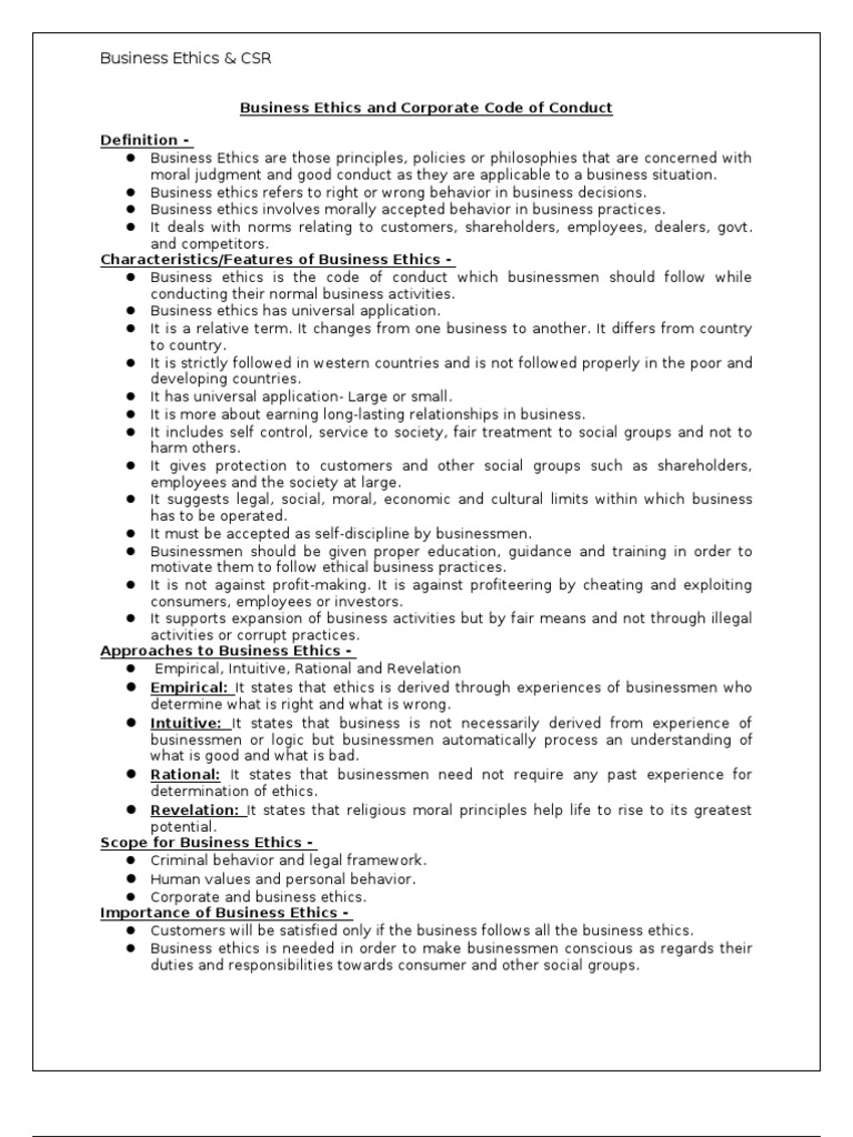 Business Ethics and CSR - Own Notes | Download Free PDF | Business ...