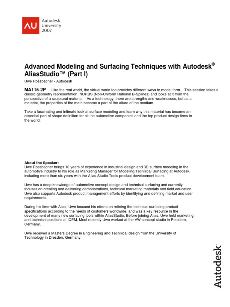 Advanced Modeling and Surfacing Techniques With Autodesk Alias Studio Tools | PDF | Geometry | Space