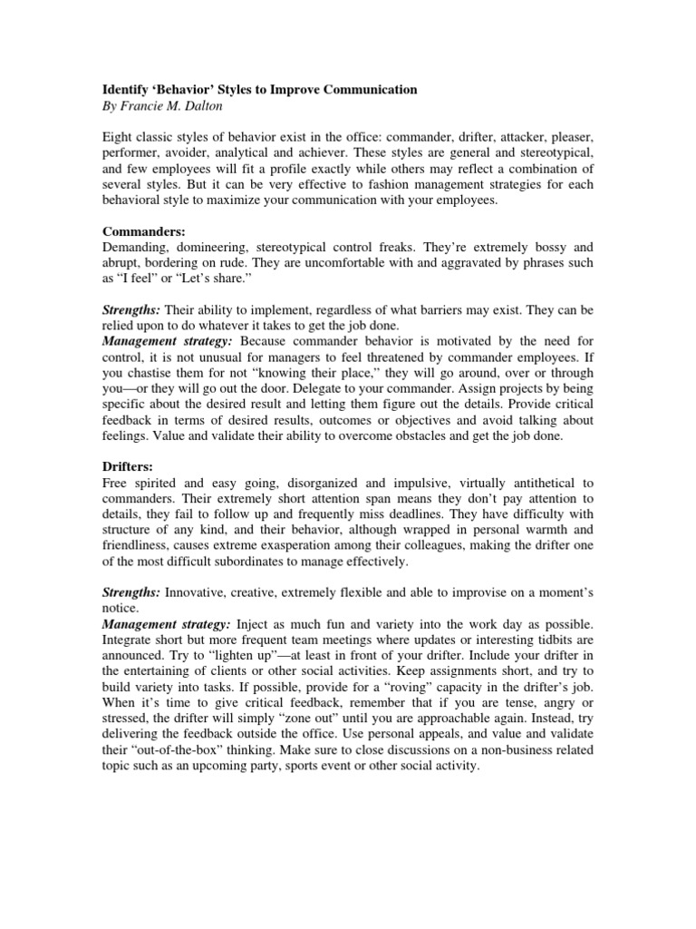 By Francie M. Dalton: Identify Behavior' Styles To Improve ...