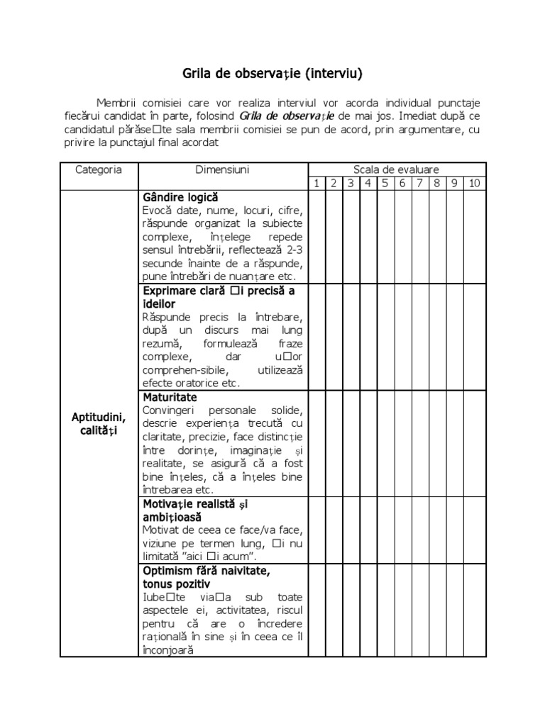 Grila de Observatie (Interviu) | PDF