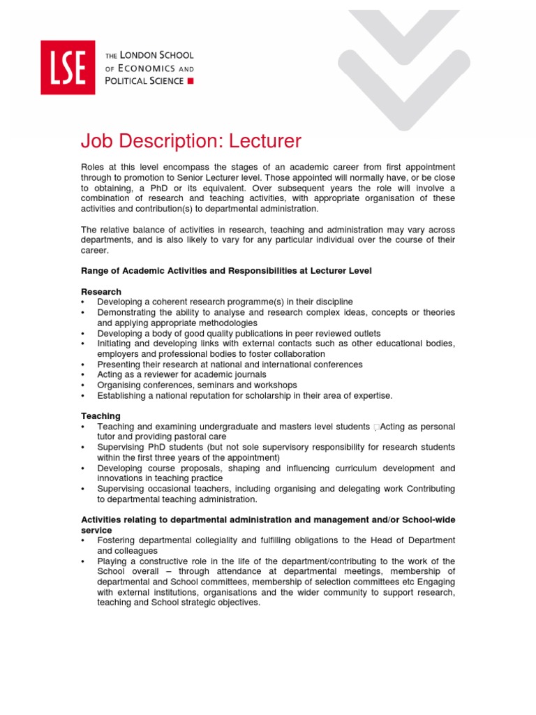Job Description: Lecturer: Range of Academic Activities and ...