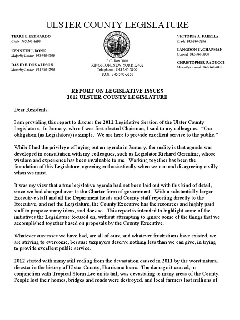 Chairman of The Ulster County Legislature, Terry Bernardo, Releases ...