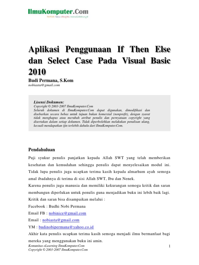 Budi Aplikasi Penggunaan If Then Else Dan Select Case Pada Visual Basic 2010 Pdf