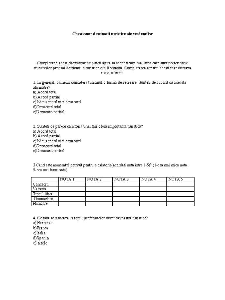 Chestionar Destinati Turistice Romania | PDF