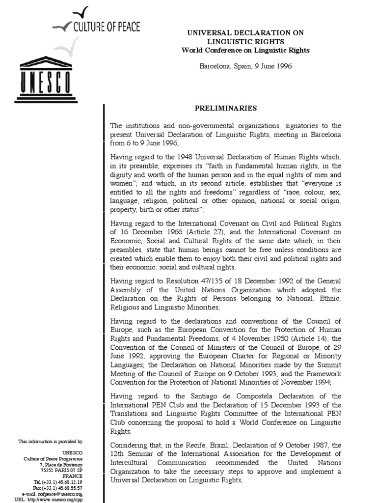 Universal Declaration of Linguistic Rights | PDF | Human Rights ...
