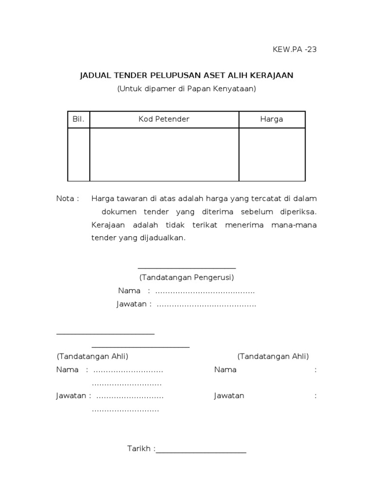 23.KEW - Pa-23 (Jadual Tender Pelupusan Aset Alih) | PDF