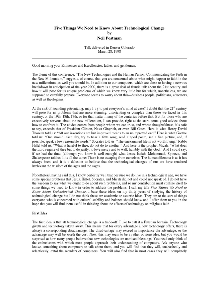 Five Things We Need To Know About Technological Change Neil Postman | PDF
