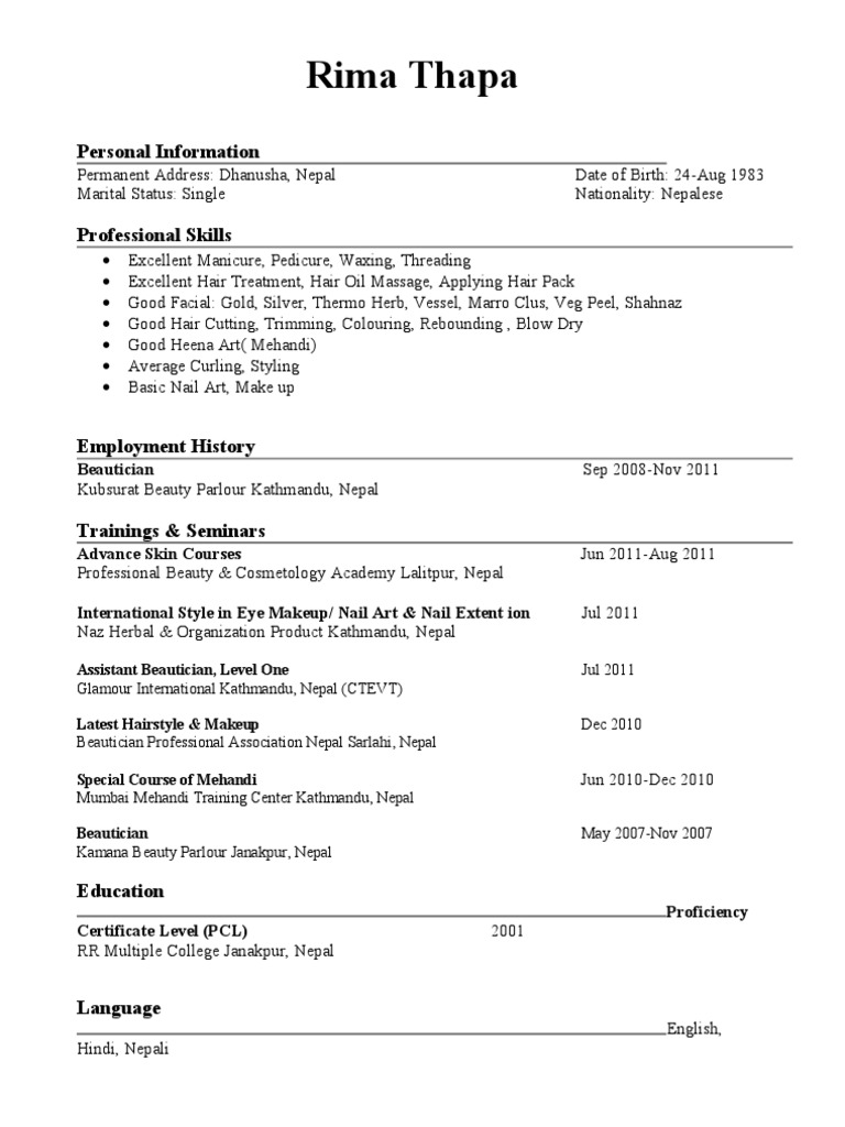 Rima Thapa: Beautician Resume | PDF