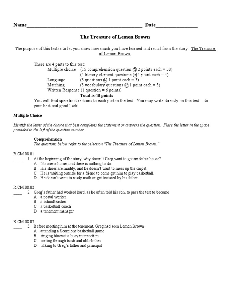 057 Paper Pencil Test - Treasure of Lemon Brown Test | PDF | Reading ...