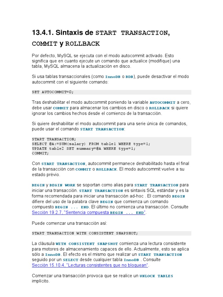 Sintaxis de Start Transaction, Commit y Rollback Mysql | PDF | SQL | Áreas de informática