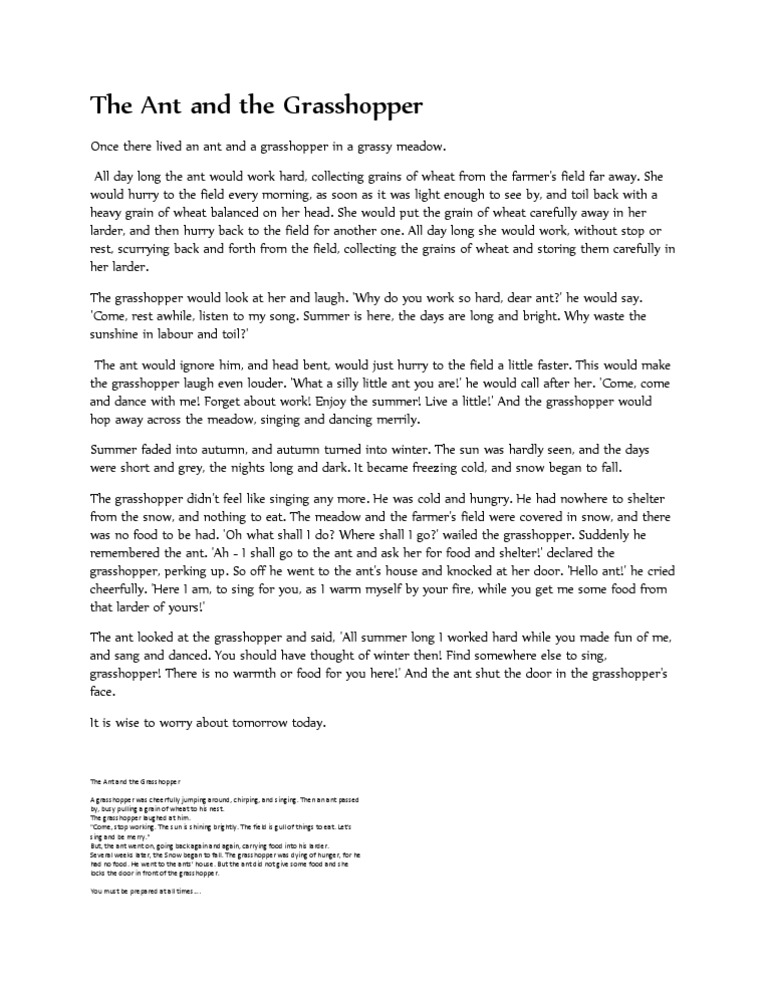 The Ant and the Grasshopper Fable | PDF | Leisure