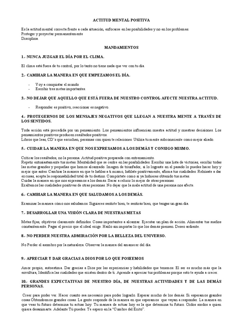 Actitud Mental Positiva: Claves y Mandamientos | PDF | Autoestima ...