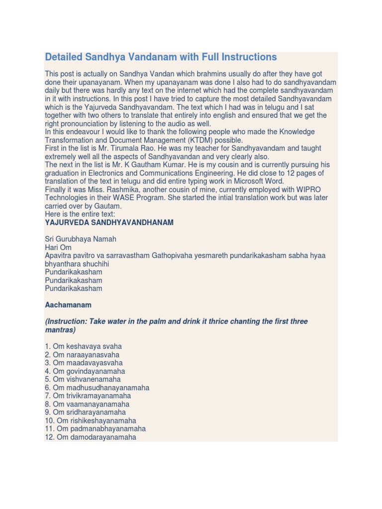 Detailed Sandhya Vandanam With Full Instructions | PDF