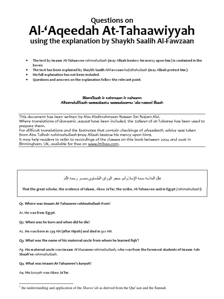 Questions On Al-'Aqeedah At-Tahaawiyyah - Explanation by Shaikh Saalih ...