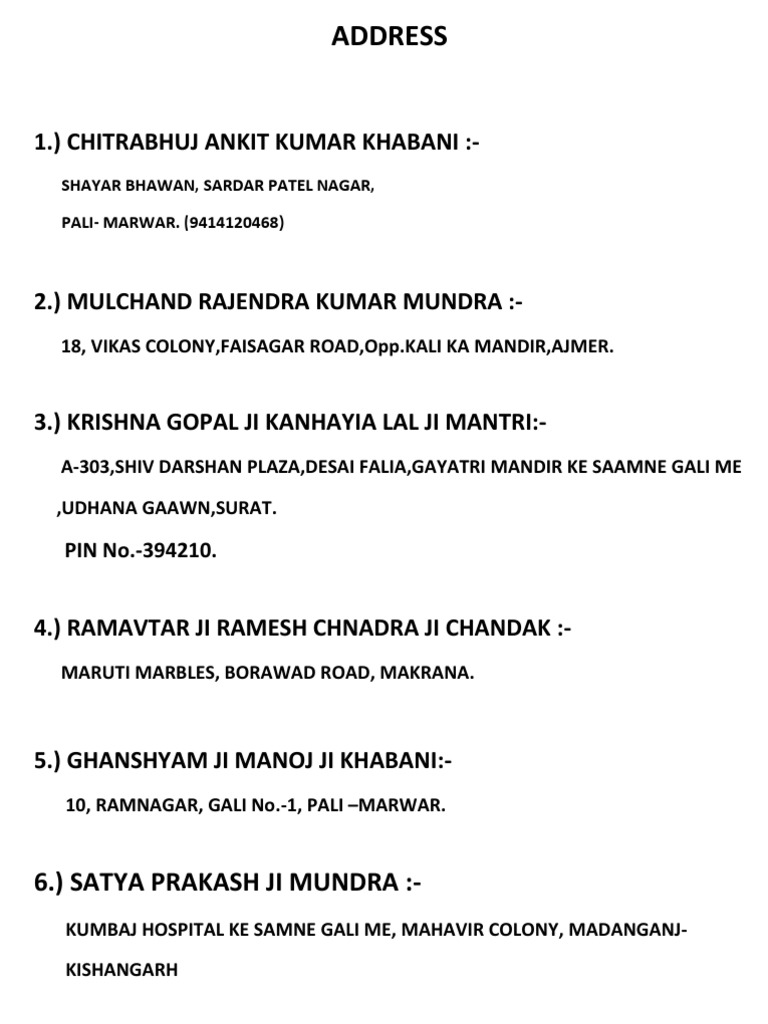 Contact Addresses List | PDF