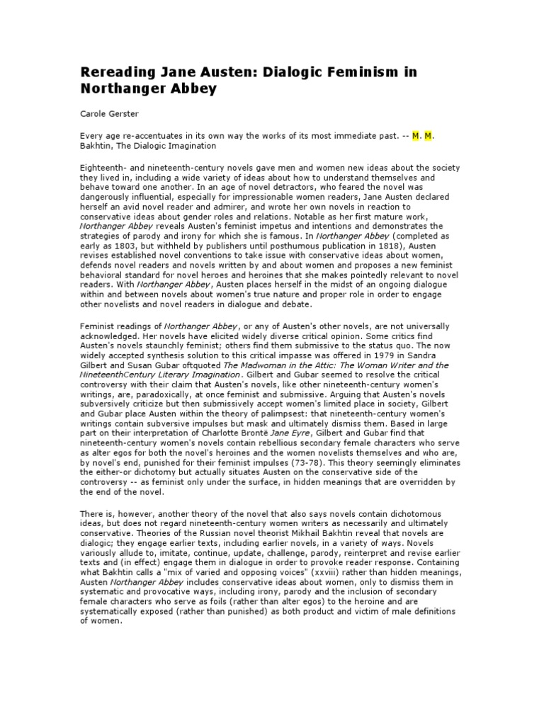 Rereading Jane Austen Dialogic Feminism | PDF | Northanger Abbey | Jane ...