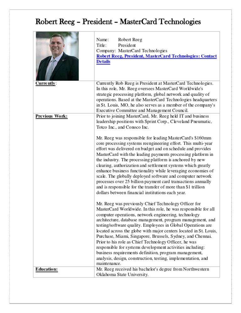 Robert Reeg President MasterCard Technologies | PDF