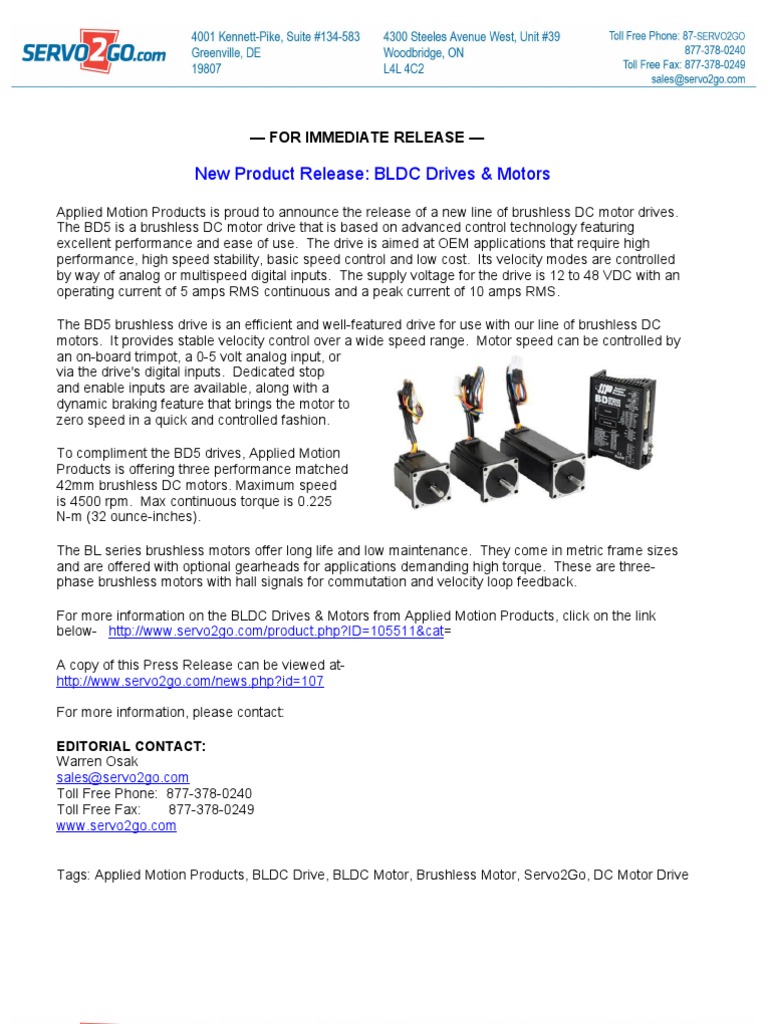 Servo2Go AMP BLDC Drives New Product Press Release. | PDF | Amplifier | Electronics