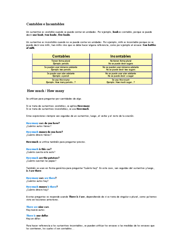 Contables e Incontables | Descargar gratis PDF | Sustantivo | Plural