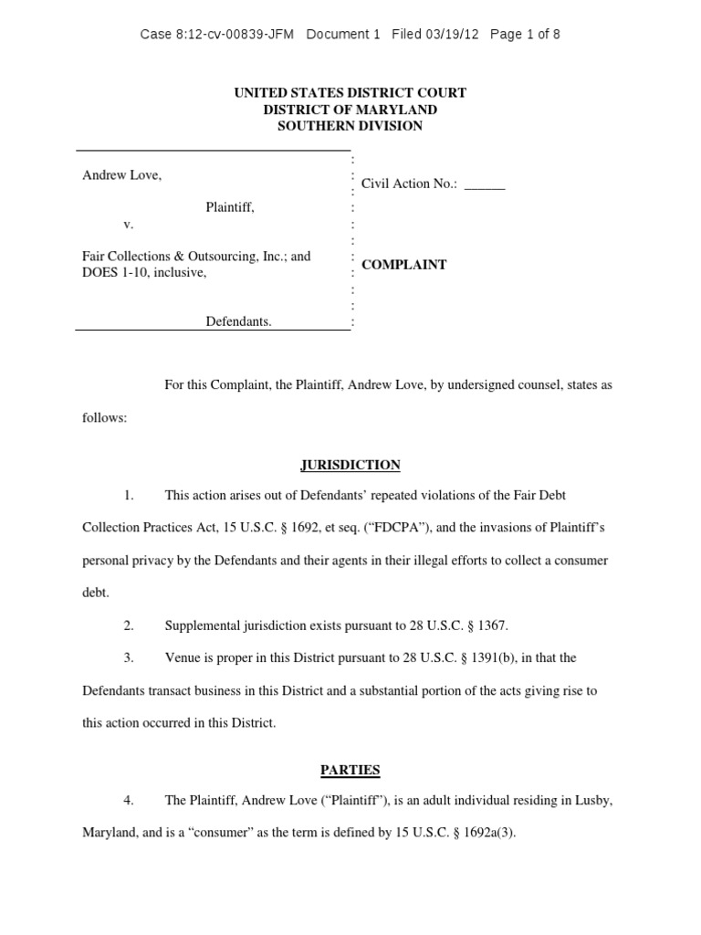 Fair Collections and Outsourcing Debt Collector Complaint FDCPA ...