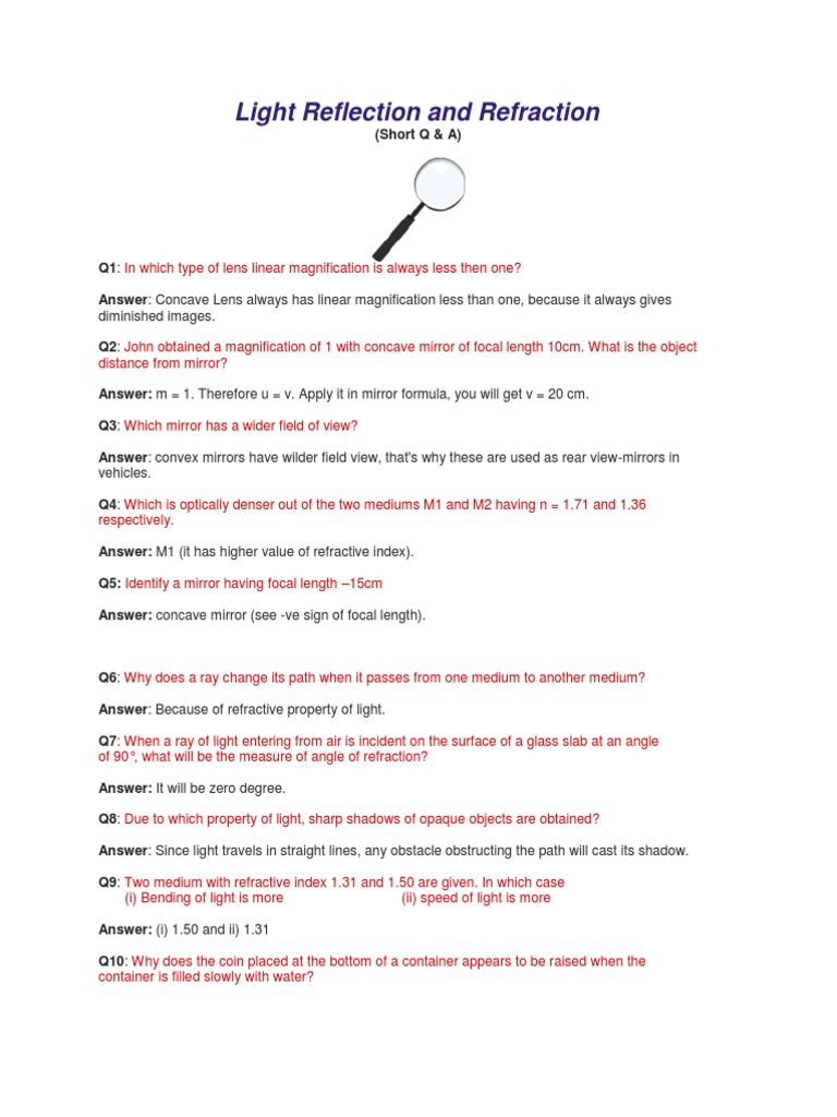 Important Question in Light Reflectiona and Refraction | PDF | Mirror ...