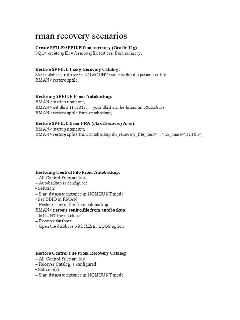 Rman Recovery Scenarios: Create PFILE/SPFILE From Memory (Oracle 11g) | PDF | Data Management ...