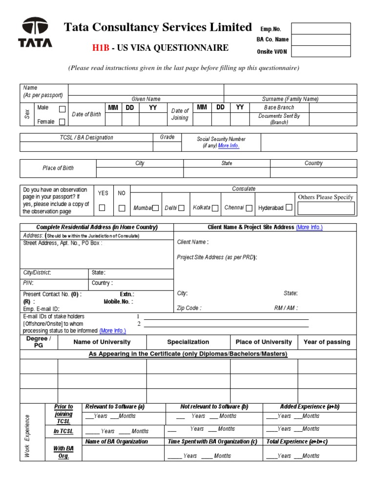 Tata Consultancy Services Limited: - Us Visa Questionnaire | Download ...
