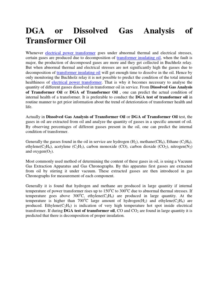 DGA or Dissolved Gas Analysis of Transformer Oil | PDF