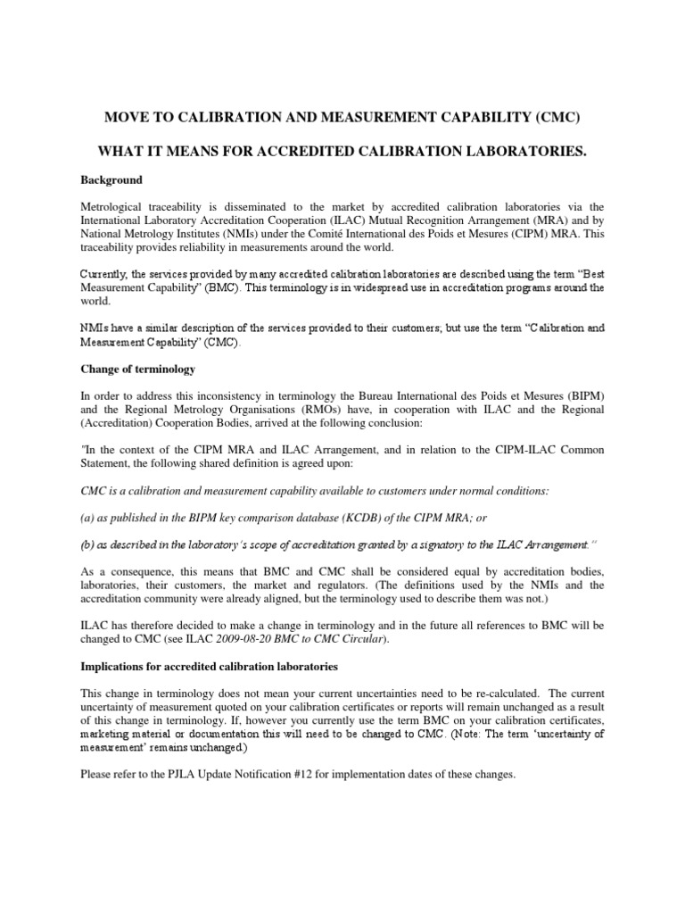 Calibration Labs: BMC to CMC Transition | PDF | Metrology | Calibration