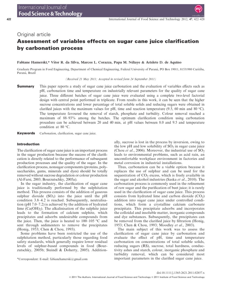 Sugar Cane Juice Clarification by Carbonation | PDF | Sucrose | Solubility