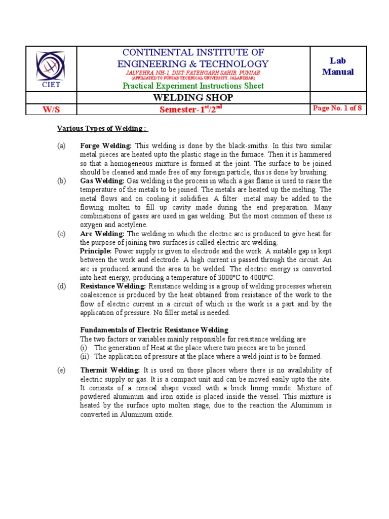 Continental Institute of Engineering & Technology: Welding Shop | PDF ...