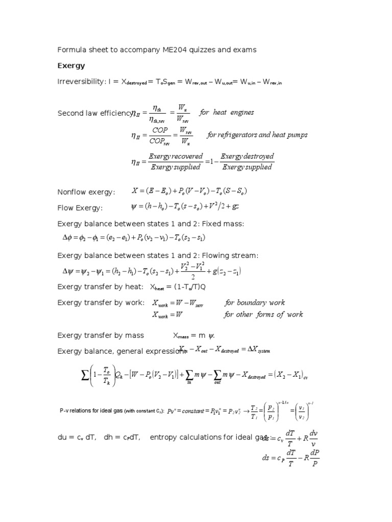 Thermodynamics Formula Sheet