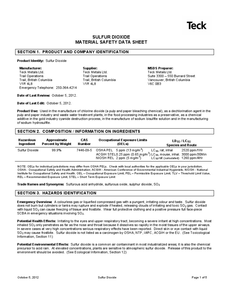Sulfur Dioxide | PDF | Sulfur Dioxide | Personal Protective Equipment